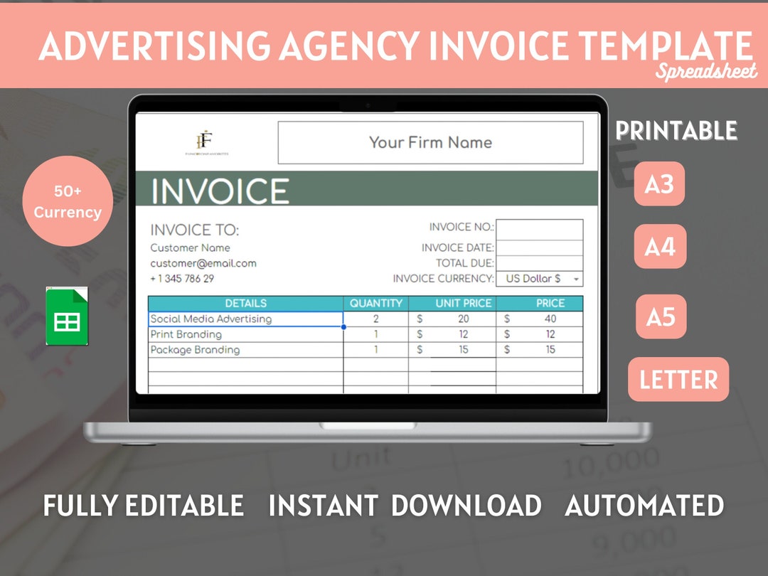 Buy Editable Advertising Agency Invoice With Formulas Print Ready ...