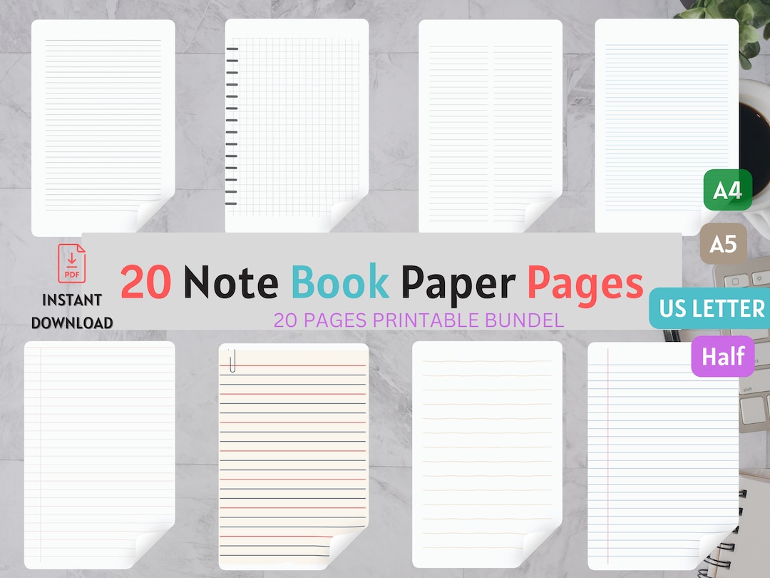 20 Notebook Paper Pages Printable Bundle Instant Download for Planners ...