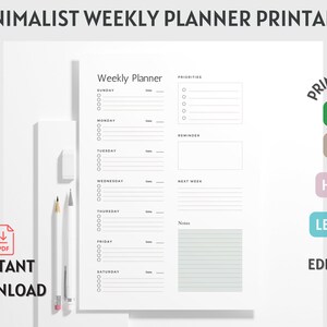 Weekly Schedule Planner Printable PDF Minimalist Weekly Planner ...