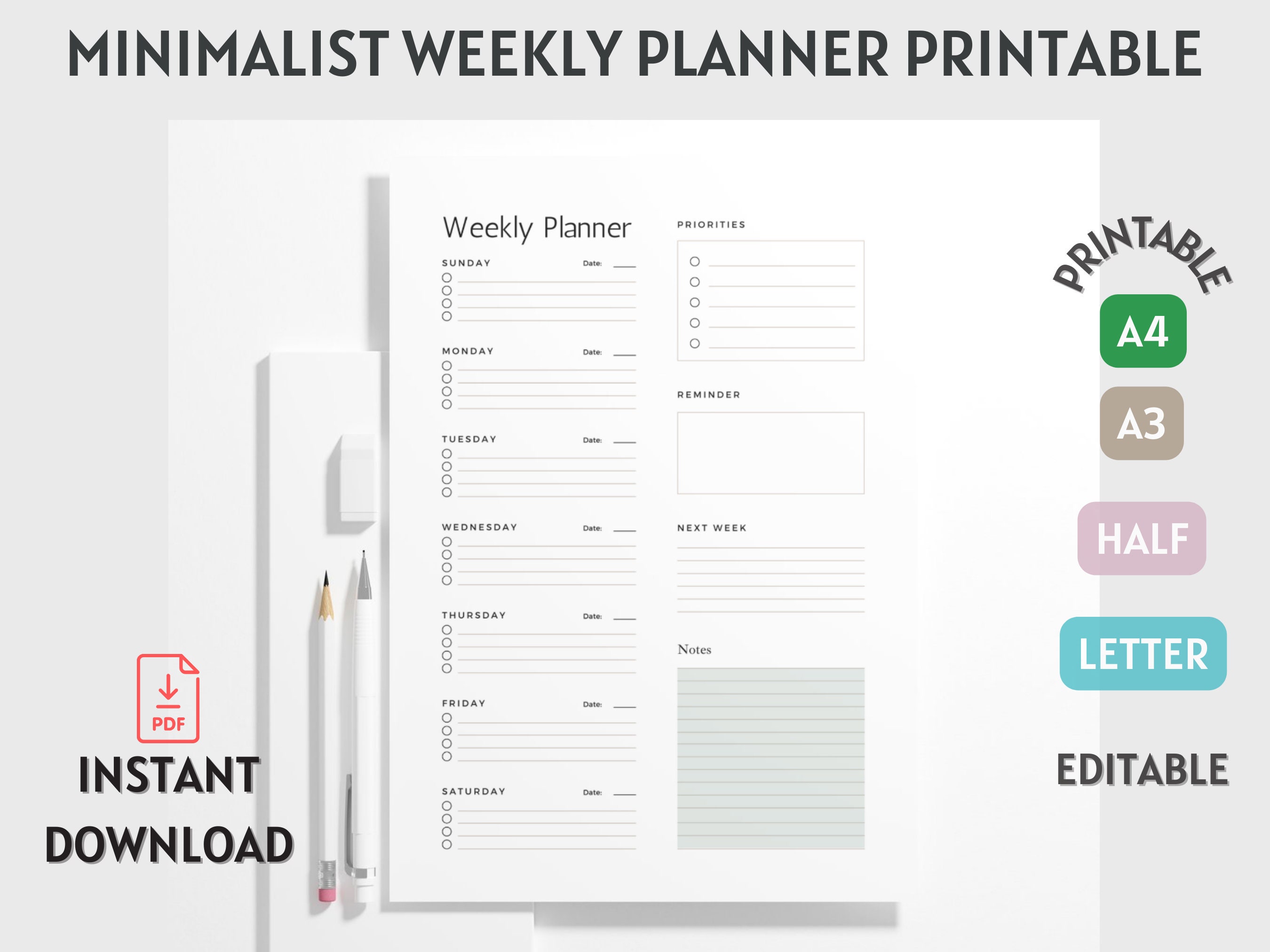 Weekly Schedule Planner Printable PDF Minimalist Weekly Planner ...
