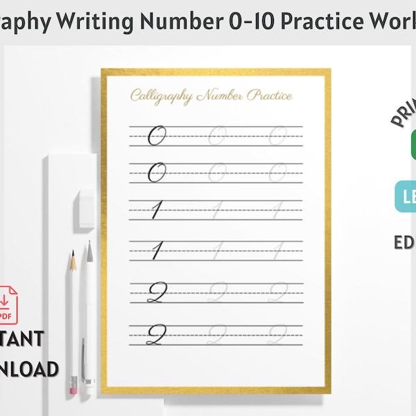 Calligraphy Number Worksheets - Etsy