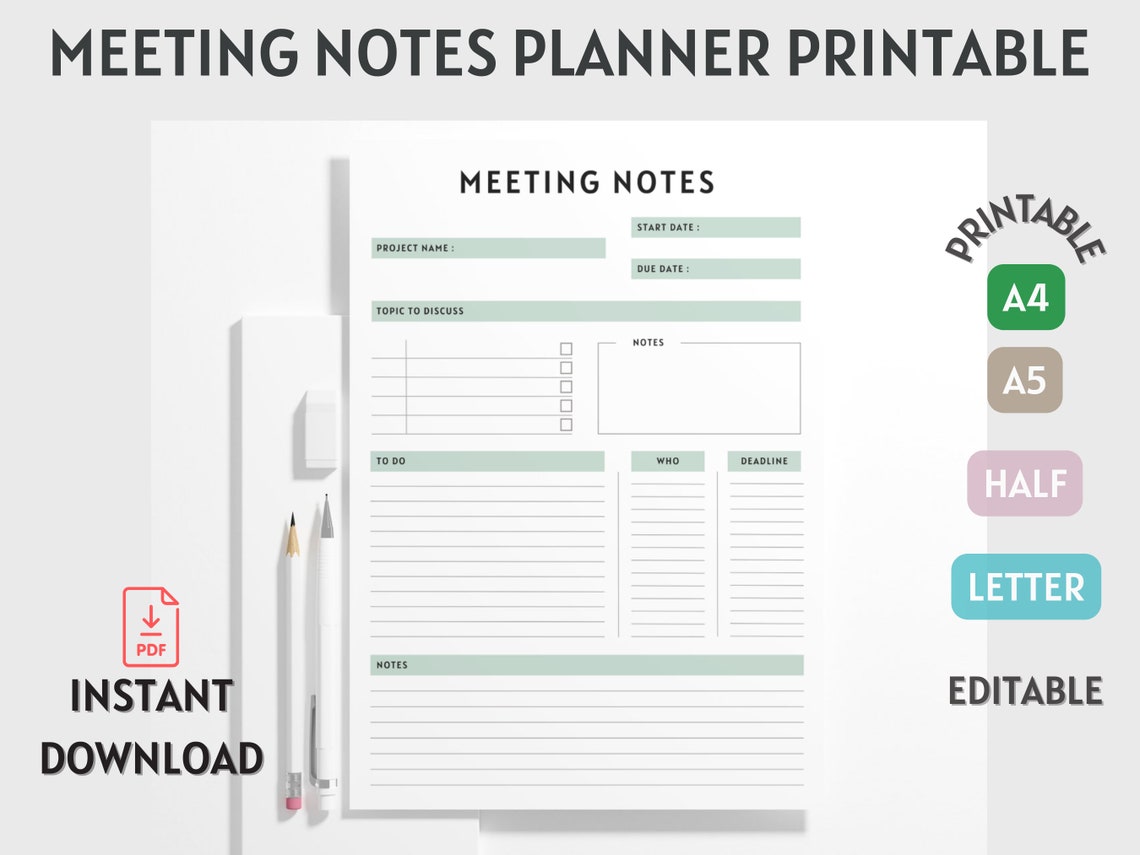 Meeting Notes Printable Template Agenda & Minutes Notebook PDF ...