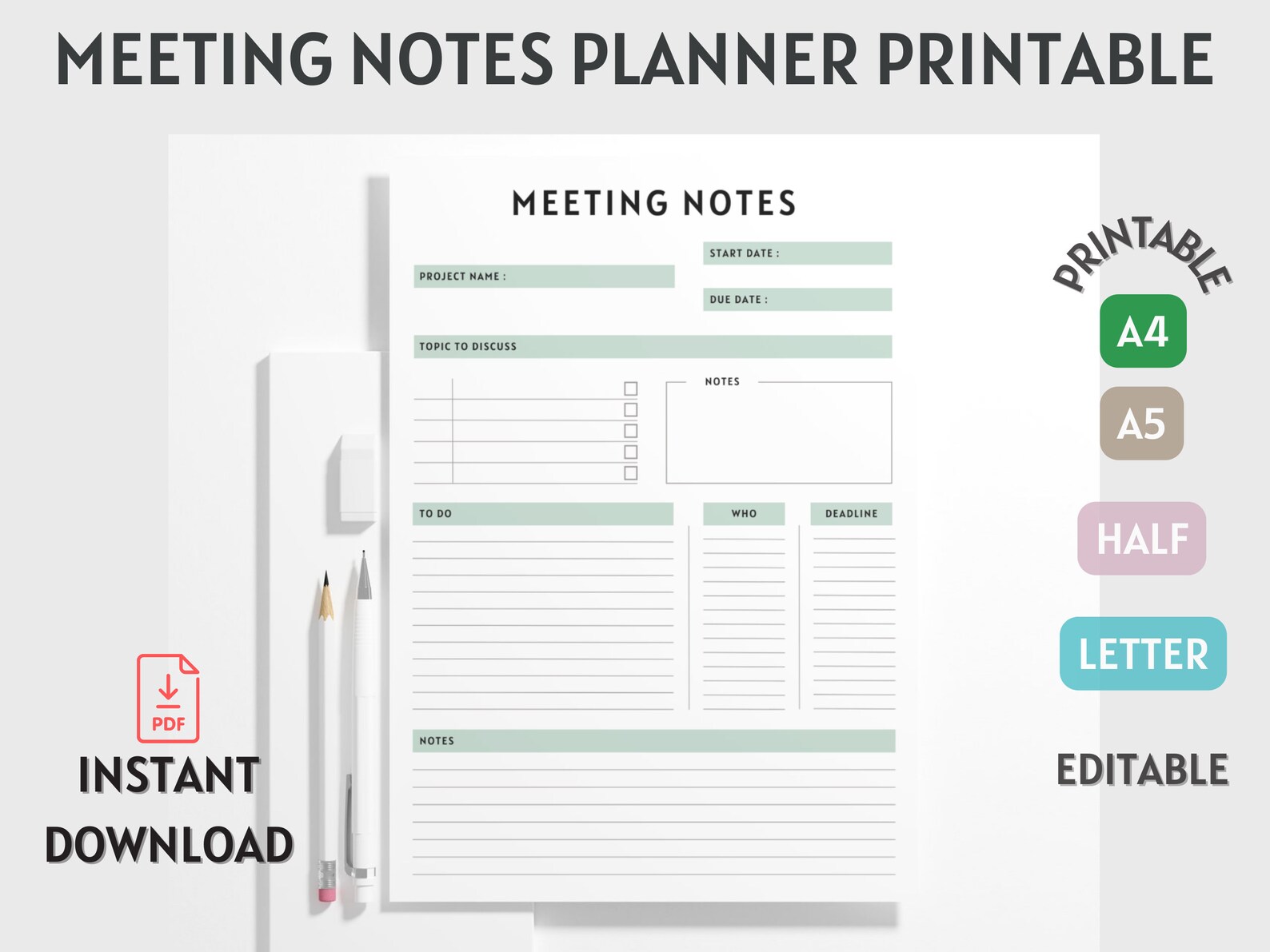 Meeting Notes Printable Template Agenda & Minutes Notebook PDF ...