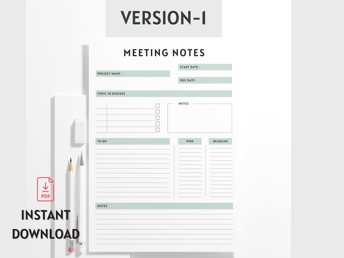 Meeting Notes Printable Template Agenda & Minutes Notebook PDF ...