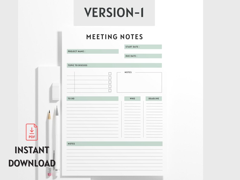 Meeting Notes Printable Template Agenda & Minutes Notebook PDF ...