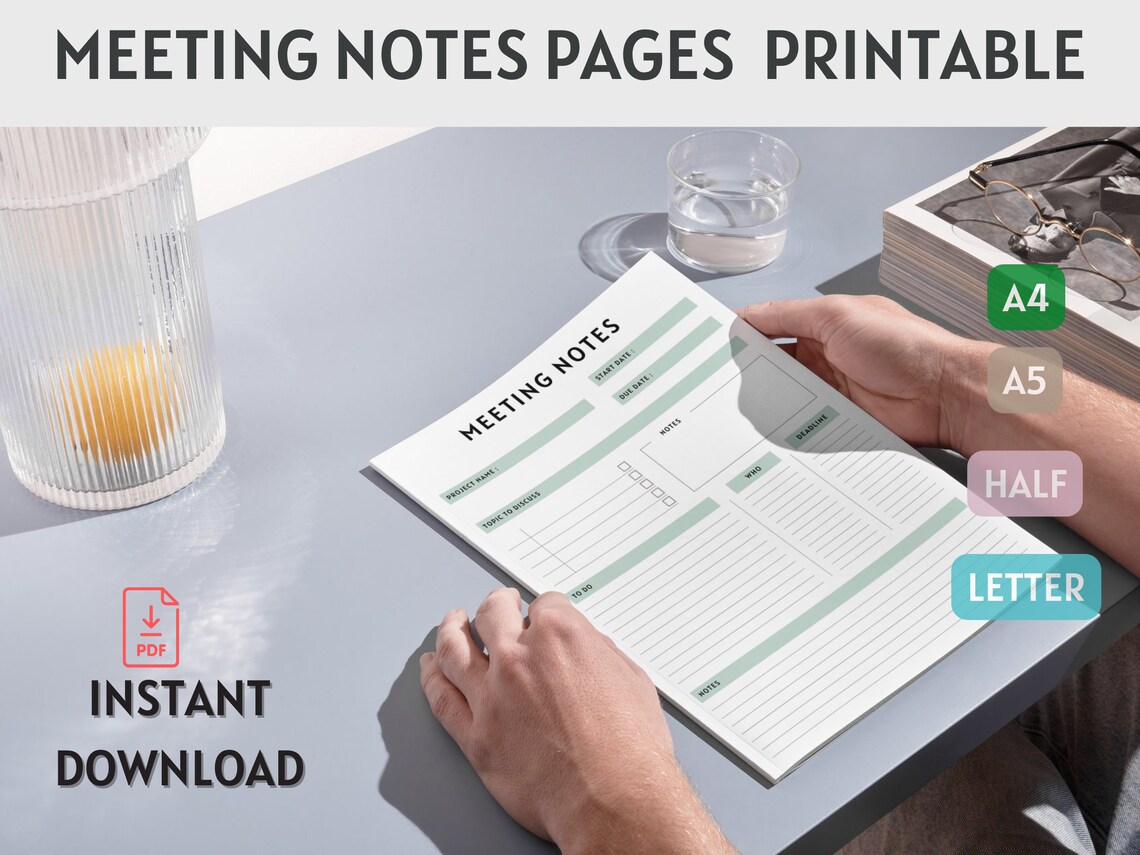 Meeting Notes Printable Template Agenda & Minutes Notebook PDF ...
