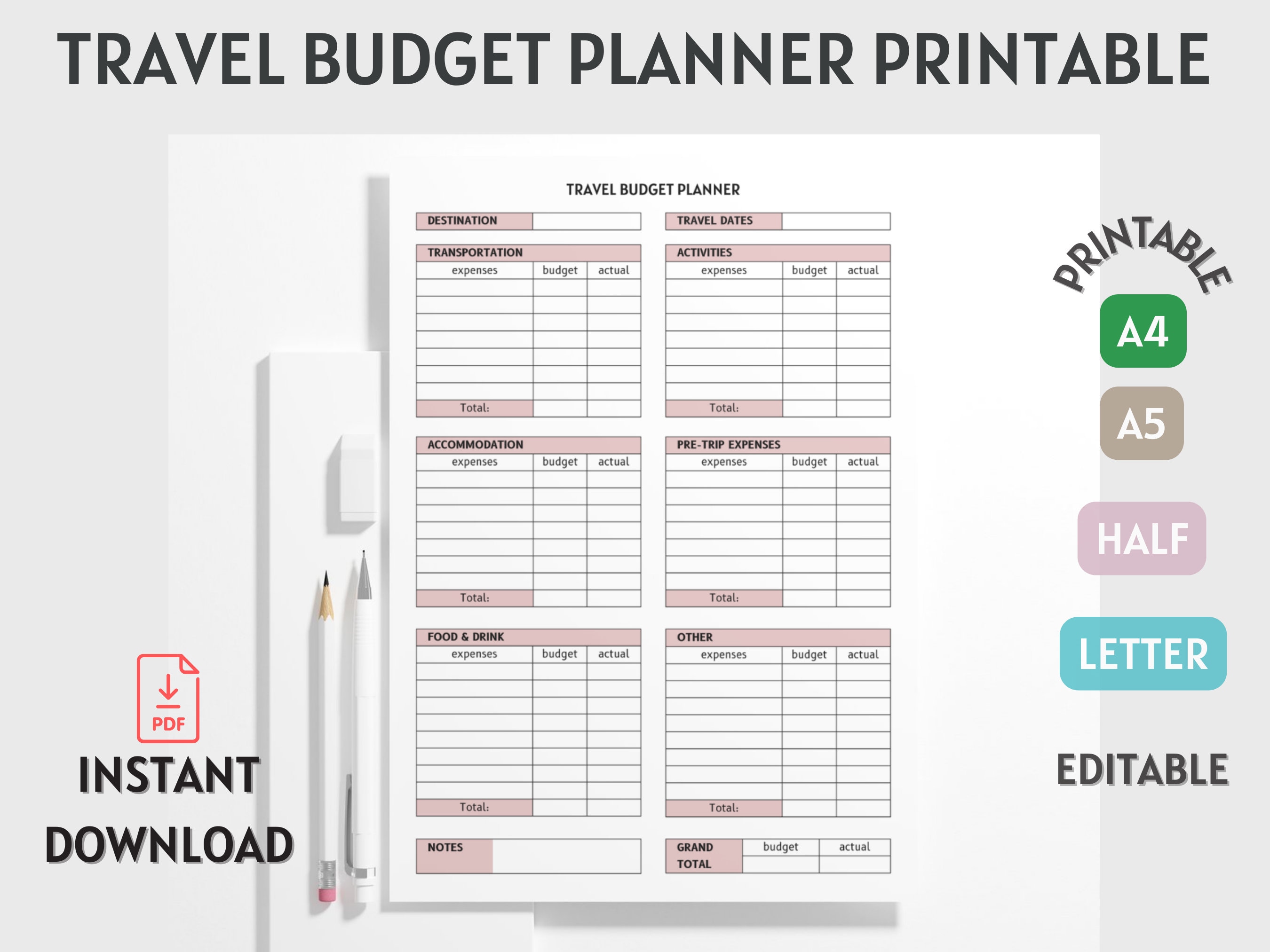 Travel Budget Planner Printable Vacation Expense Tracker Trip Cost ...