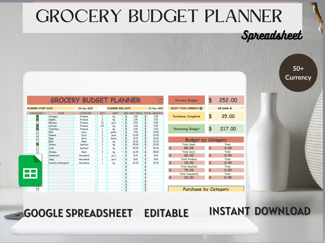Grocery Budget Planner Spreadsheet Food List Chart Grocery List ...