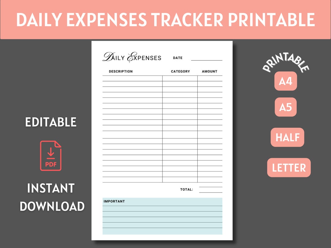 Daily Expenses Tracker Printable Budget Planner Financial Organizer PDF ...