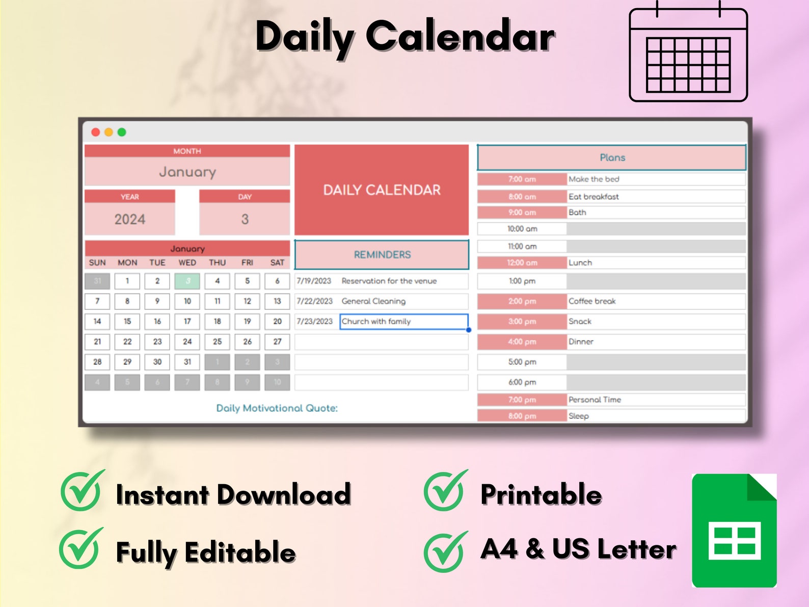 Printable Daily Calendar, Printable Spreadsheet Calendar, 2024-2025 ...