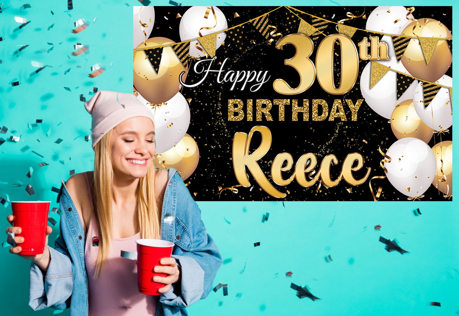 Personalised Happy Birthday Backdrop Background Banner Black and Gold ...