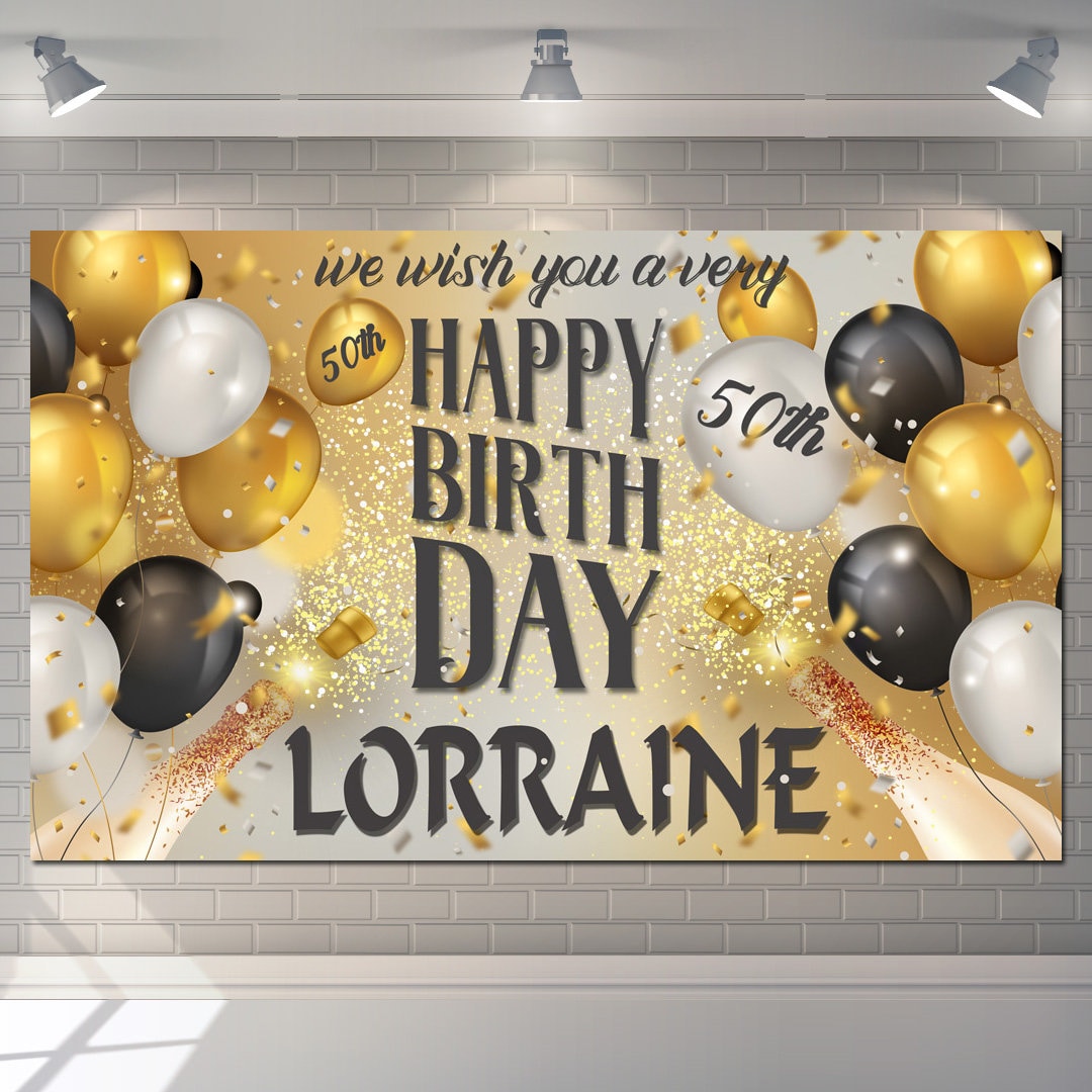 Personalised Happy Birthday Backdrop Background Banner Black Gold Sign ...