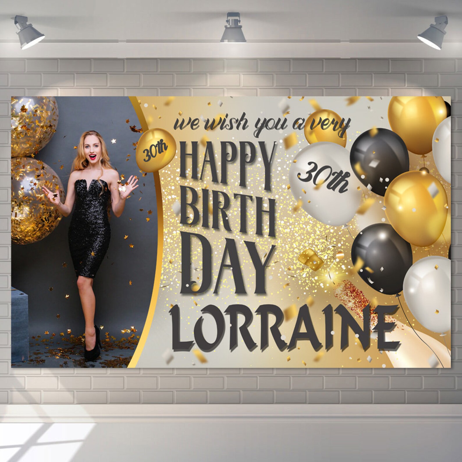 Personalised Happy Birthday Backdrop Background Banner Black Gold Sign ...