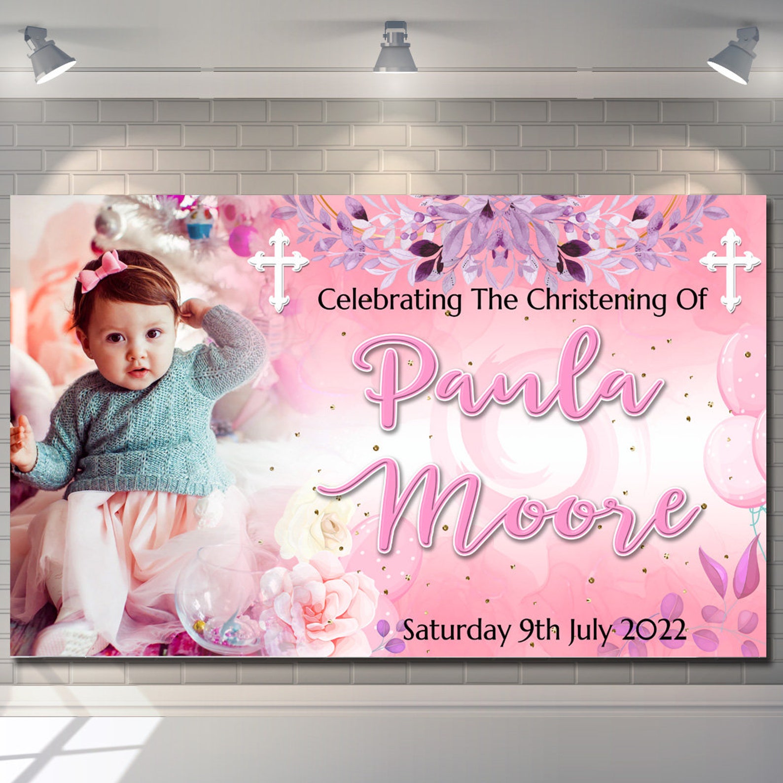 Personalised Birthday Backdrop Photo Banner Christening Baptism Pink ...