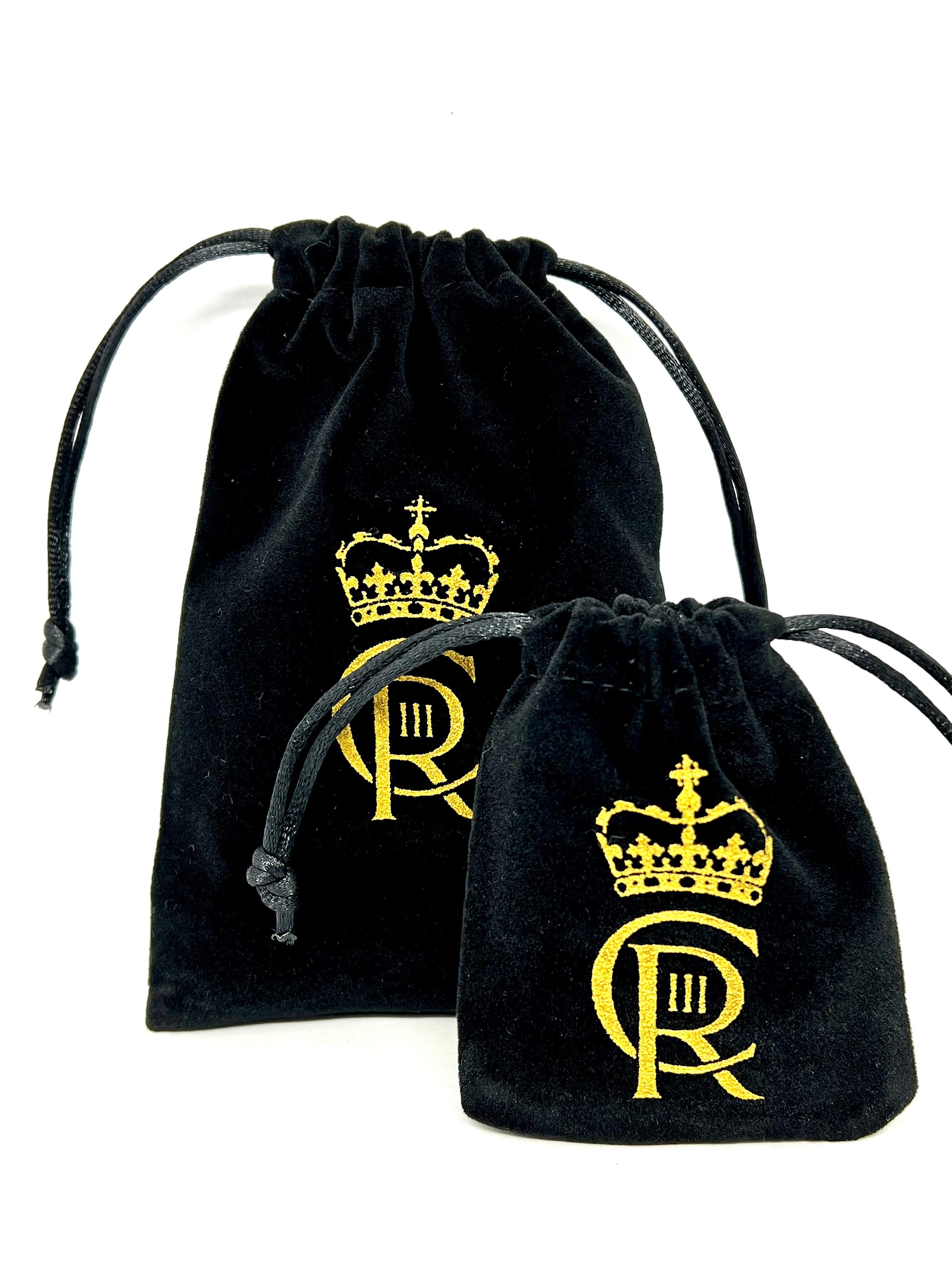 King Charles CRIII Royal Cypher Deluxe Velvet Jewellery Drawstring Bags ...