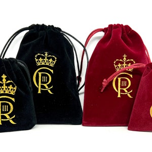 King Charles CRIII Royal Cypher Deluxe Velvet Jewellery Drawstring Bags ...