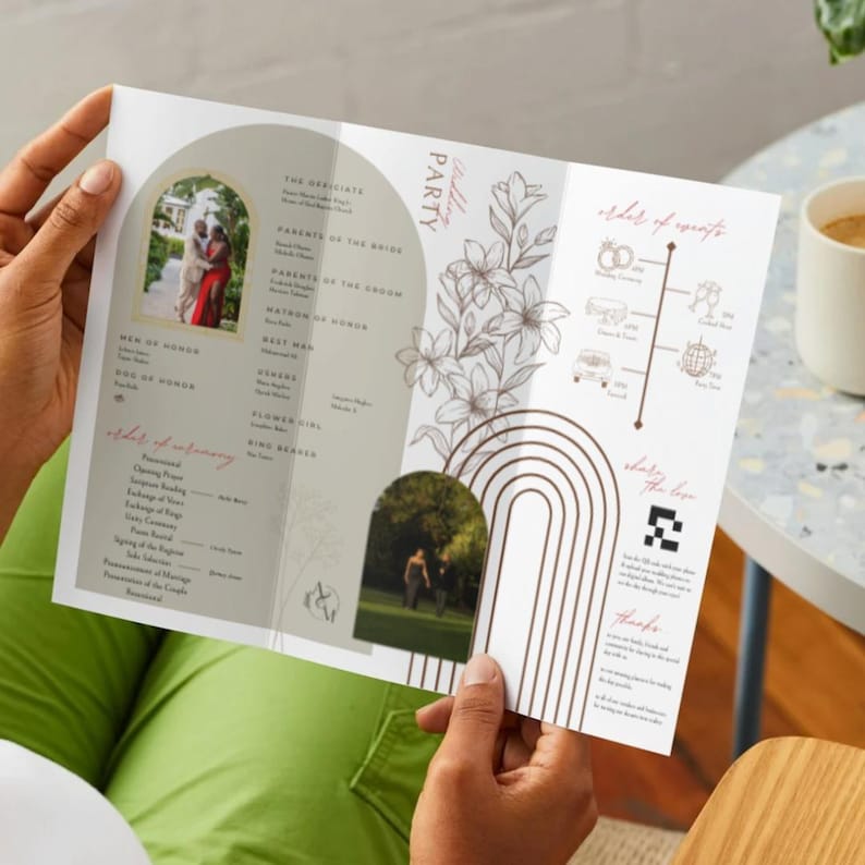 Boho Arch Floral Trifold Wedding Program Template (canva, Digital ...