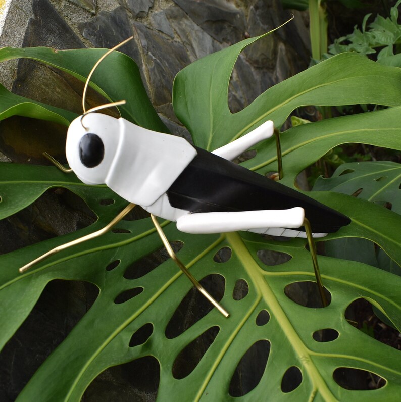 Black and White Grasshopper in Ceramic and Brass, Unique Hand ...