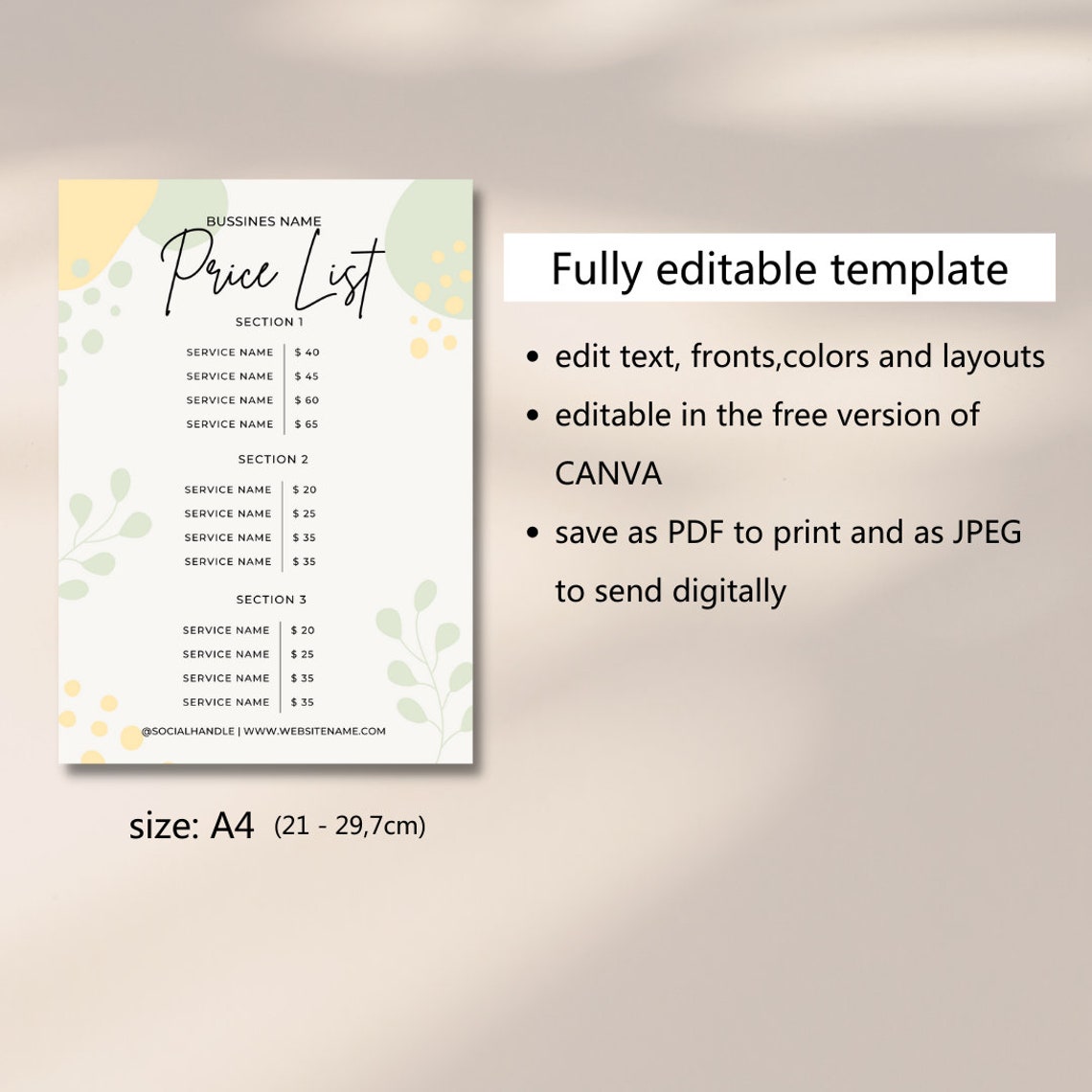 Editable Price List Template Printable Price Sheet Small - Etsy