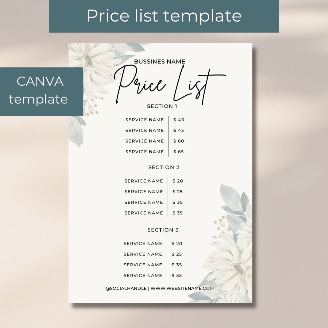 Editable Price List Template, Printable Price Sheet, Small Business ...
