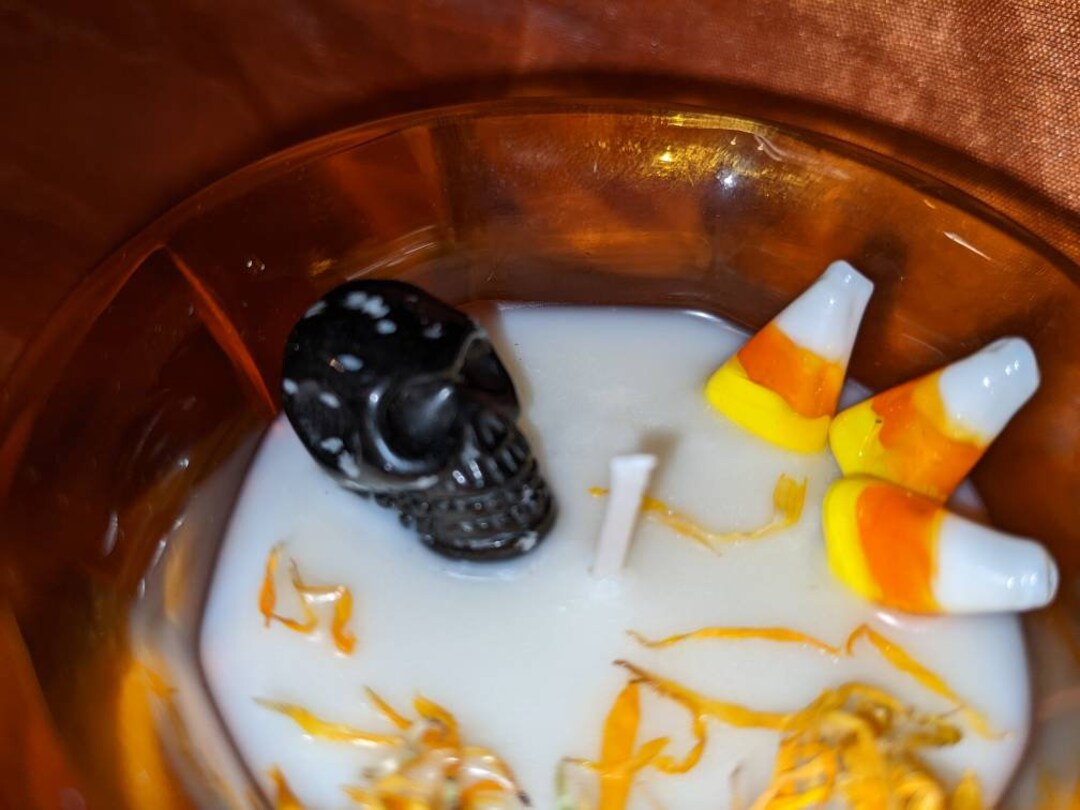 Snowflake Obsidian Skull, Candy Corn Beads, Calendula, Hand Poured Soy ...
