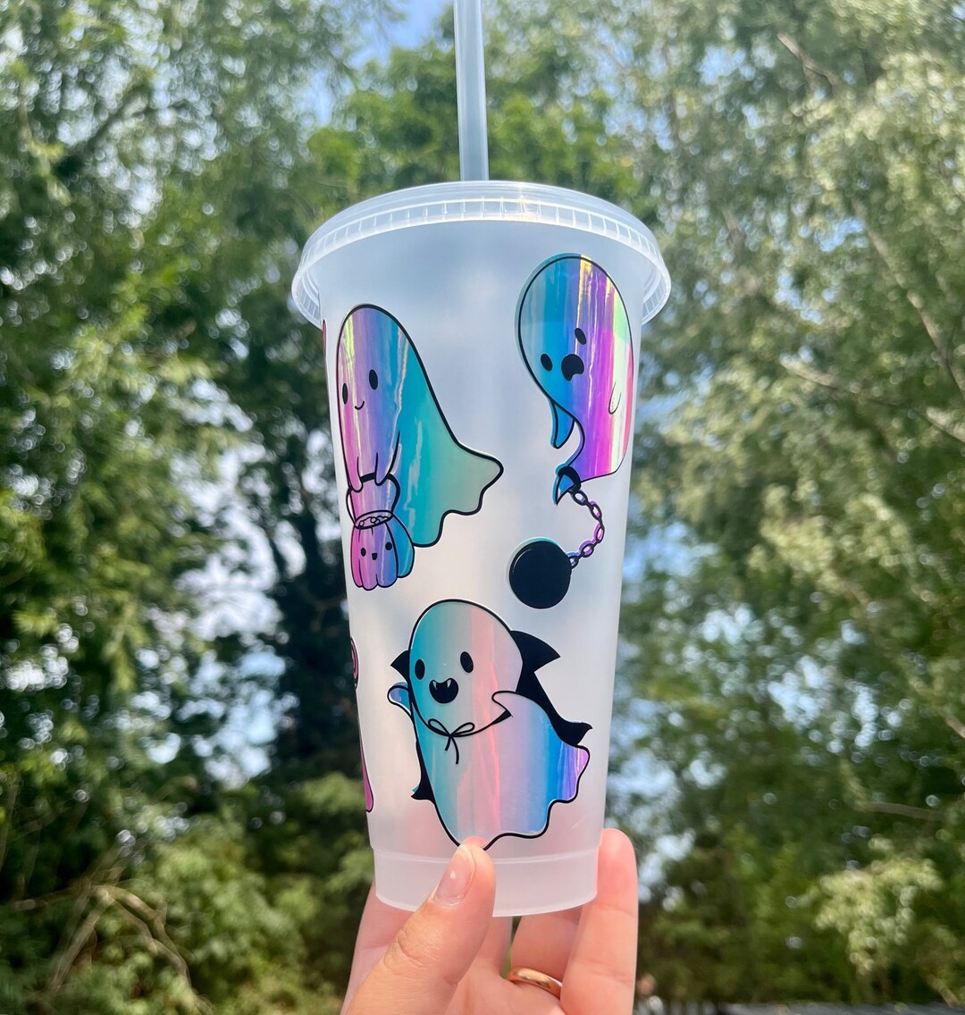 Cute Ghost Cold Cup, Holographic Ghosts, 24oz Plastic Cold Cup With Lid ...
