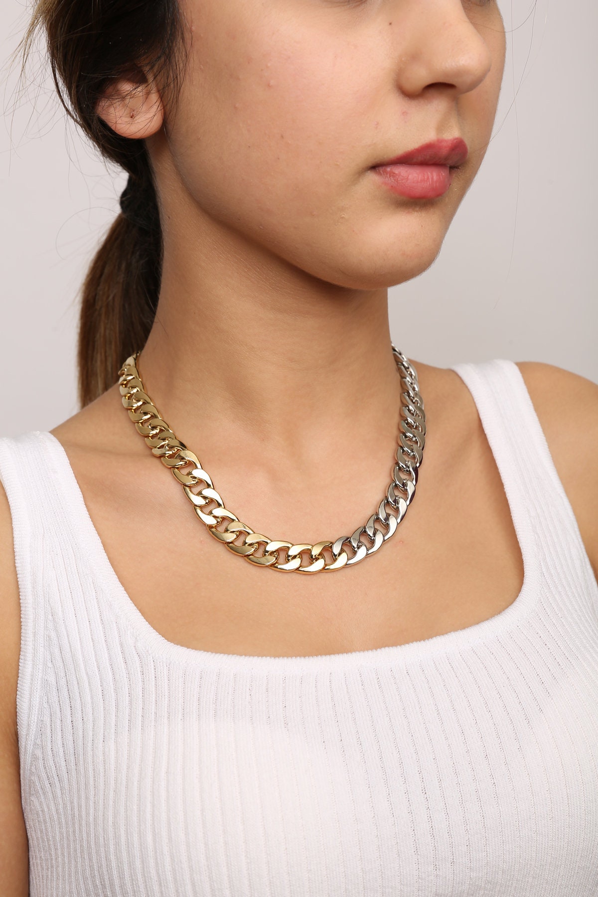 24K Gold Cuban Chain Necklace Two Tone Gold Silver Cuban - Etsy