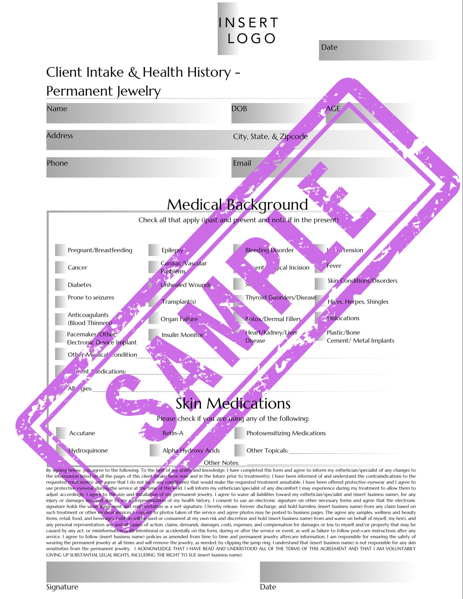 Permanent Jewelry Intake & Waiver Form Editable Template - Etsy