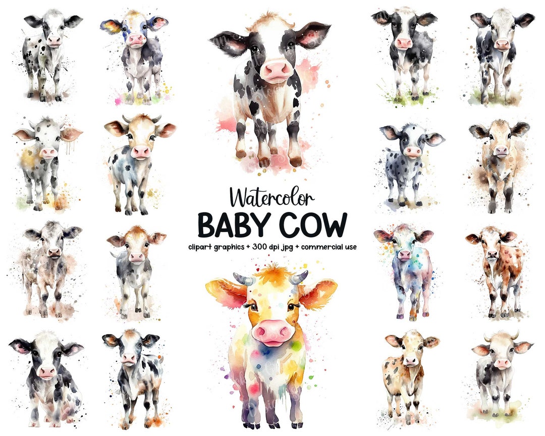 Cute Baby Cow Clipart Bundle, Watercolor Animal Illustration Printable ...