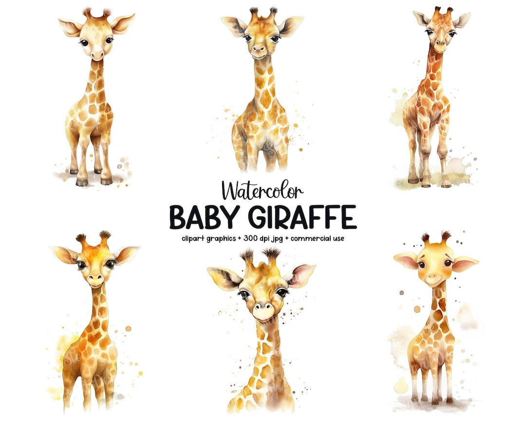 Cute Baby Giraffe Clipart Bundle, Watercolor Animal Illustration ...
