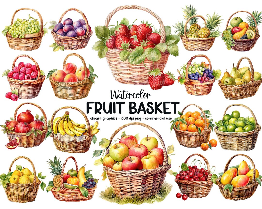 Fruit Clipart PNG, Watercolor Clip Art Bundle, Fruits in the Basket ...