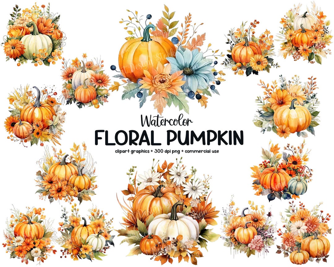 Autumn Floral Pumpkin Clipart PNG Watercolor Clip Art Bundle - Etsy