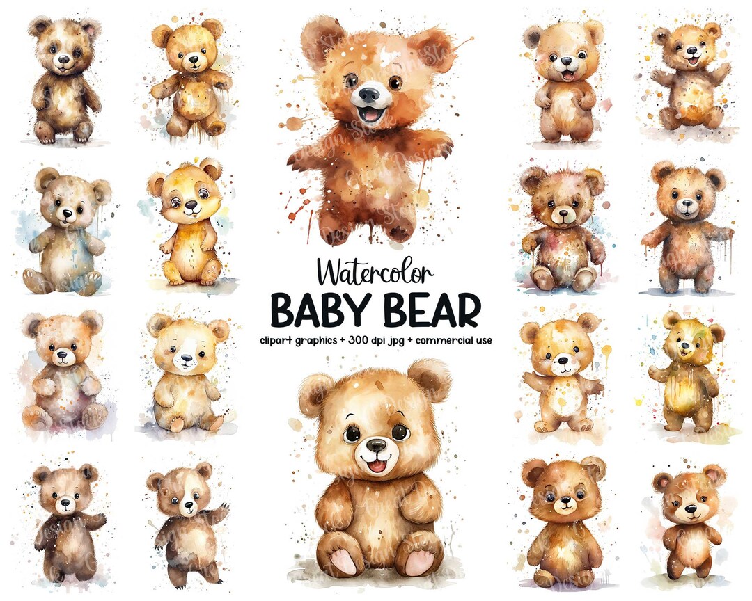 Cute Baby Bear Clipart Bundle, Watercolor Animal Illustration Printable ...