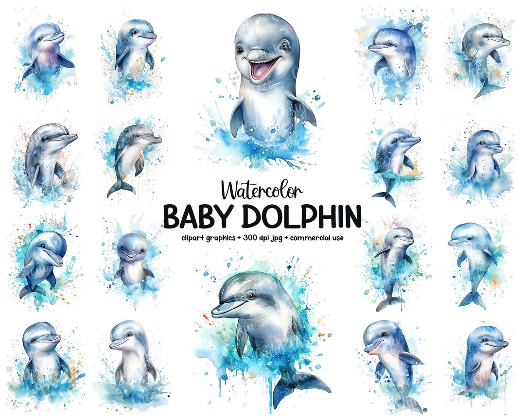 Cute Baby Dolphin Clipart Bundle, Watercolor Animal Illustration ...