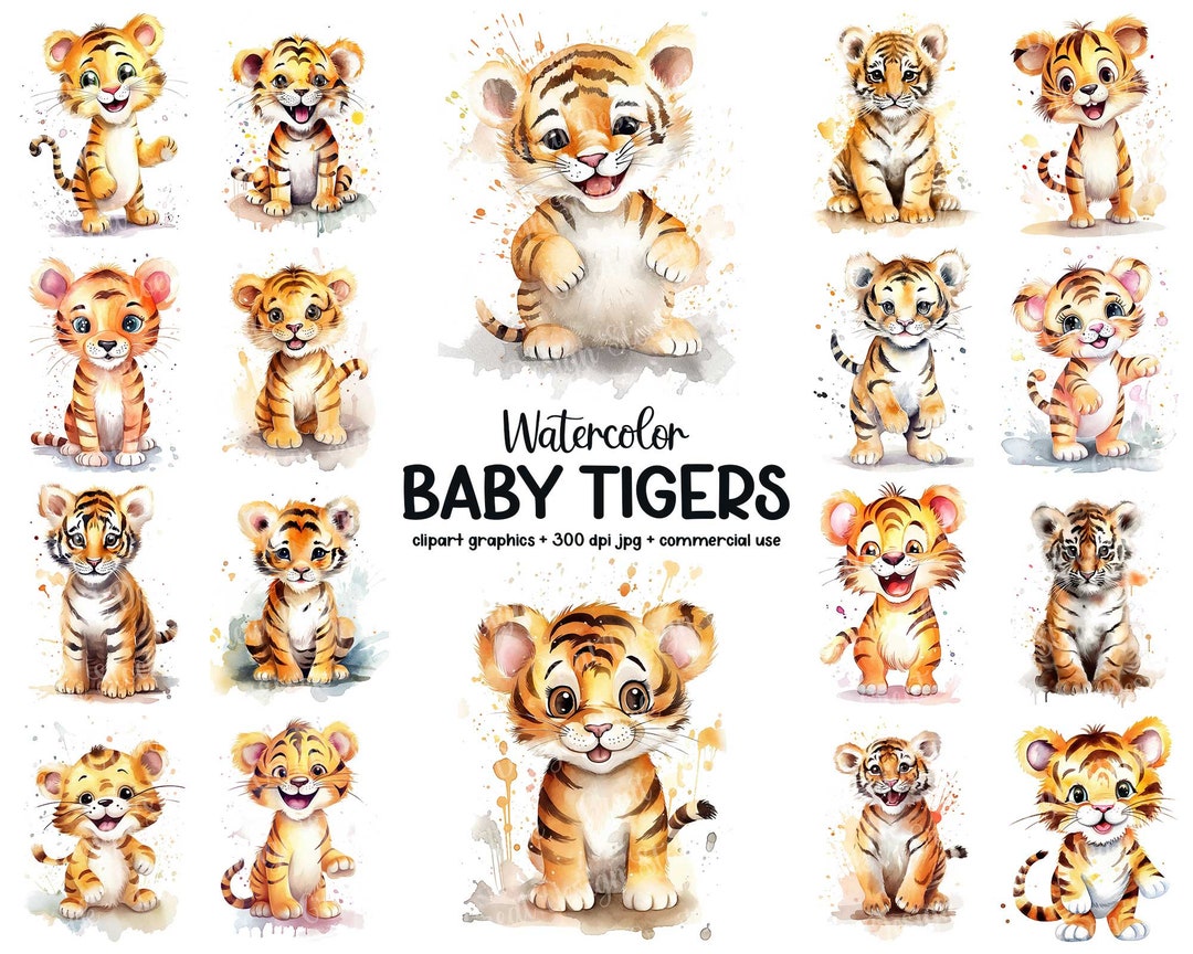 Cute Baby Tiger Clipart Bundle, Watercolor Animal Illustration ...