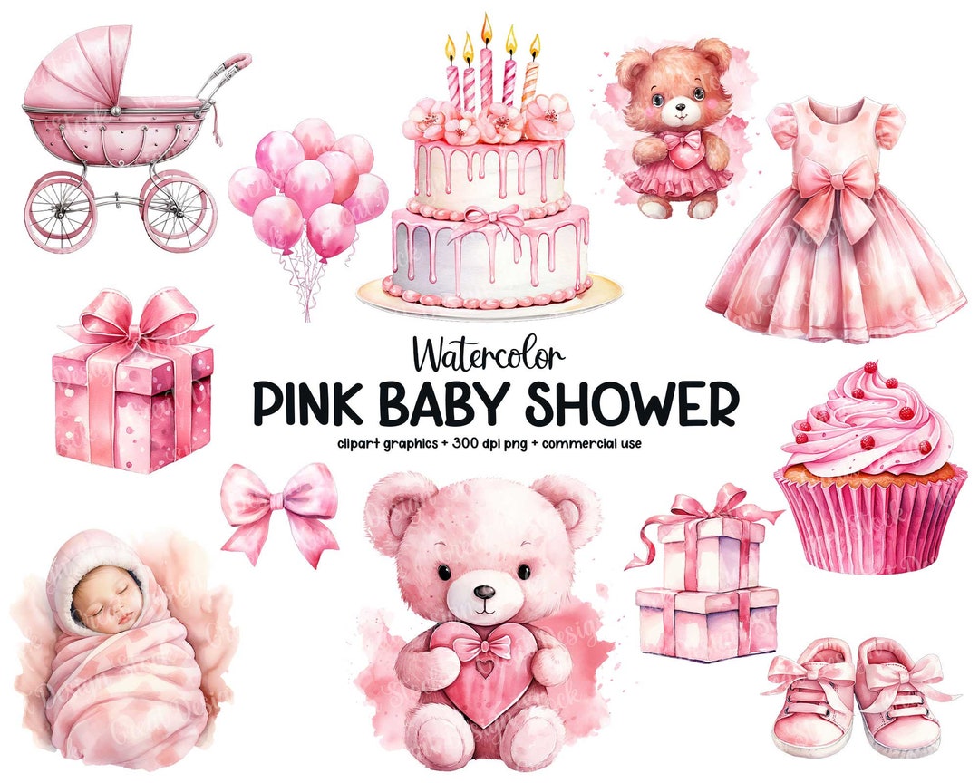 Pink Baby Shower Clipart PNG, Watercolor Clip Art Bundle, Birthday ...