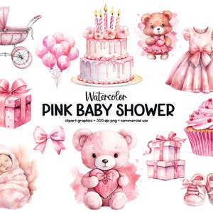 Pink Baby Shower Clipart PNG, Watercolor Clip Art Bundle, Birthday ...