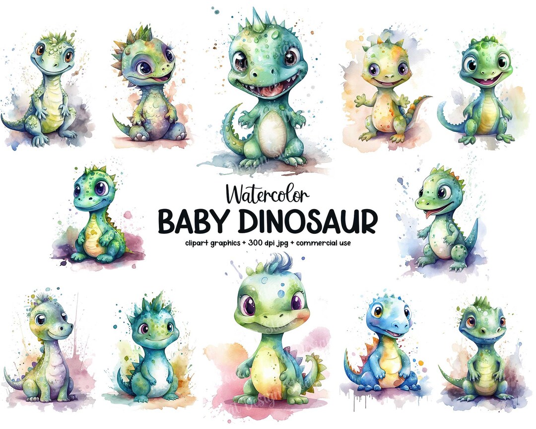 Cute Baby Dinosaur Clipart Bundle, Watercolor Animal Illustration ...