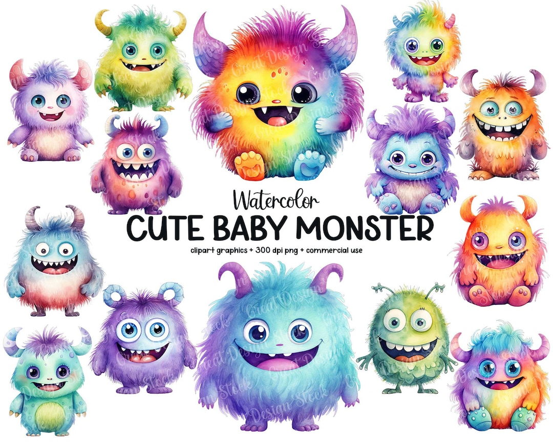 Cute Baby Monster Clipart PNG, Watercolor Clip Art Bundle, Paper Craft ...