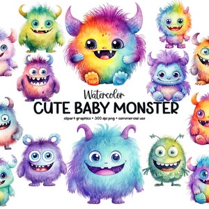 Cute Baby Monster Clipart PNG, Watercolor Clip Art Bundle, Paper Craft ...