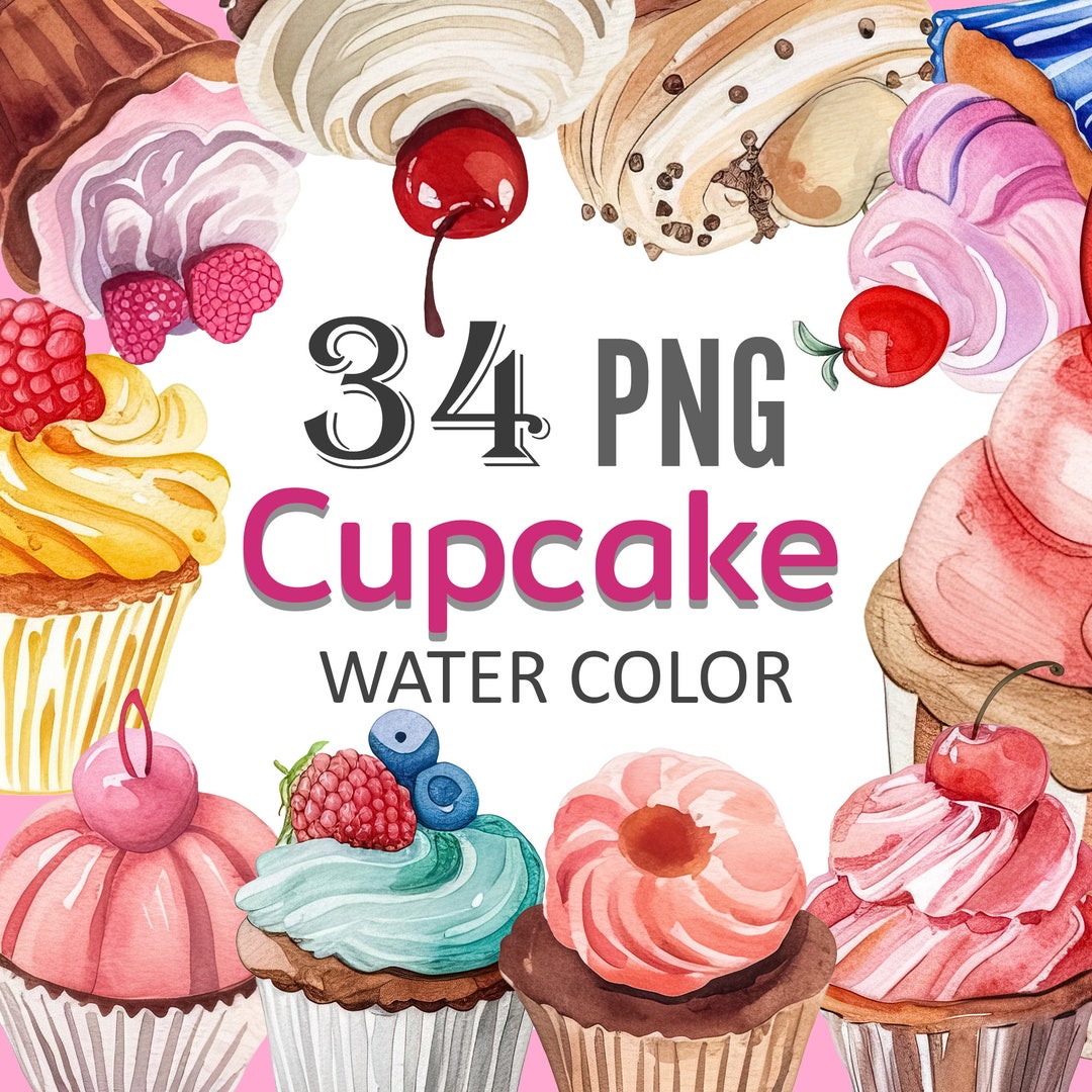 Whimsical Cupcake Clipart Set - 34 PNG Files, Watercolor Bundle Dessert ...
