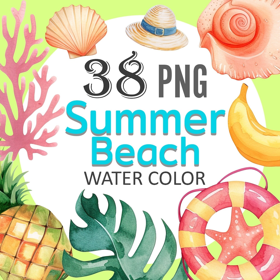 Tropical Beach Watercolor Clipart Set: Summer Decor PNG Bundle (digital ...