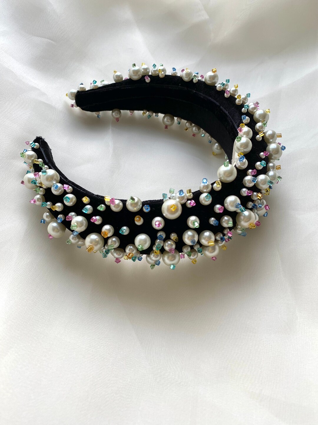 Pearl Velvet Crown,handmade,bridal Hair Accessories,black Crown Women ...