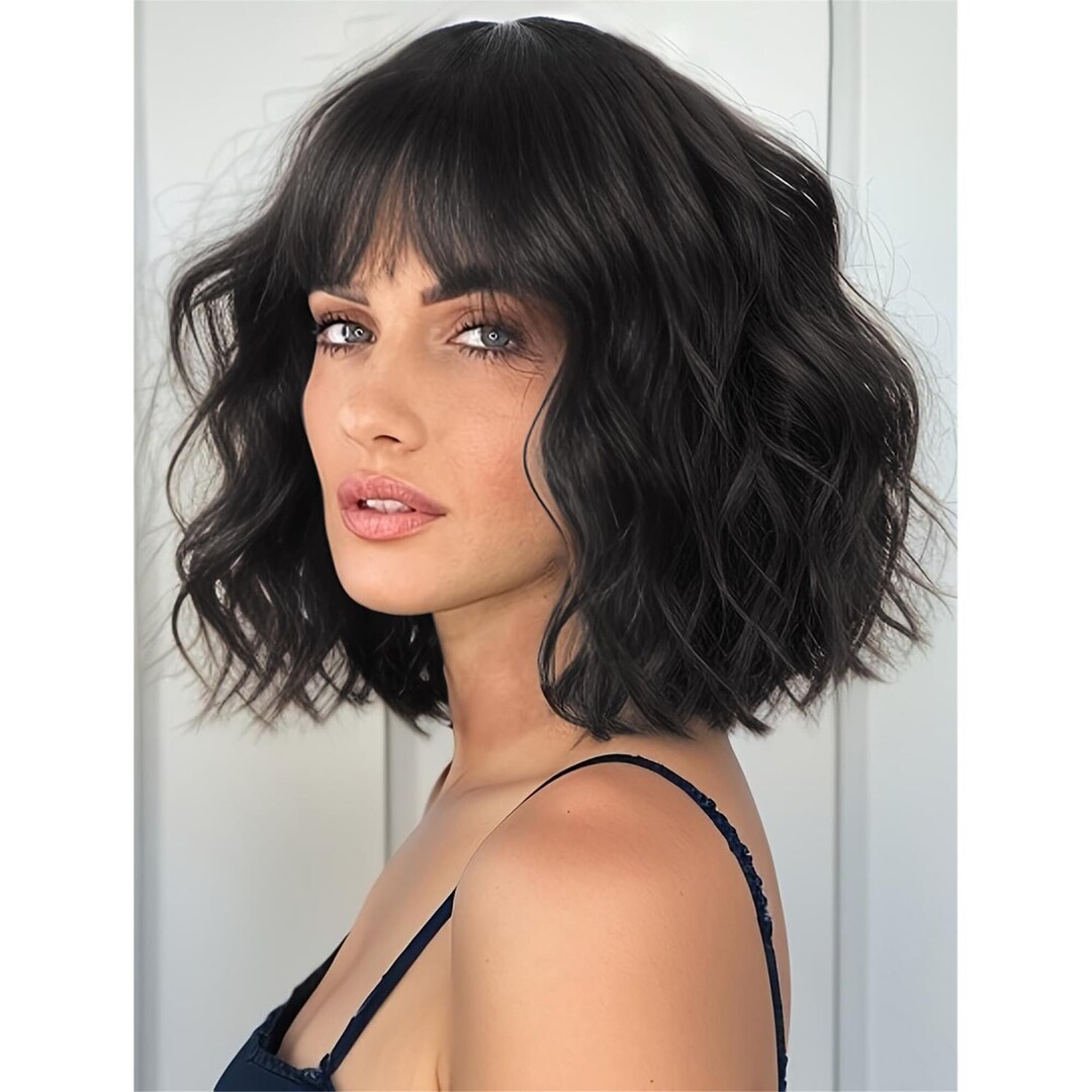 Black Short Wavy Bob Wig With Bangs, Wigs for Women,cosplay Wigs - Etsy