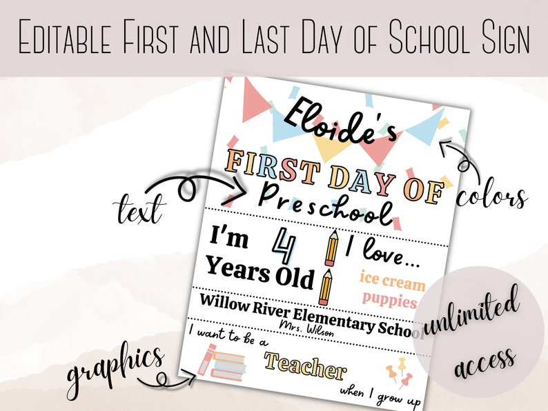 EDITABLE First Daylast Day of School Sign Personalized School Sign ...