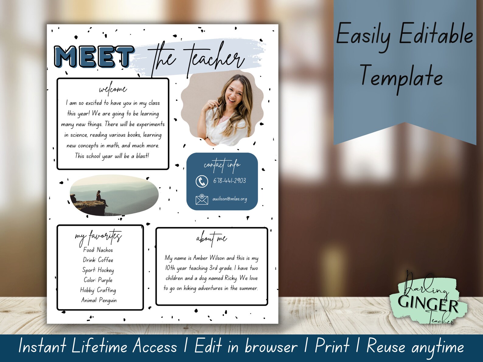 Meet the Teacher Modern Blue Teacher Bio Back to School - Etsy