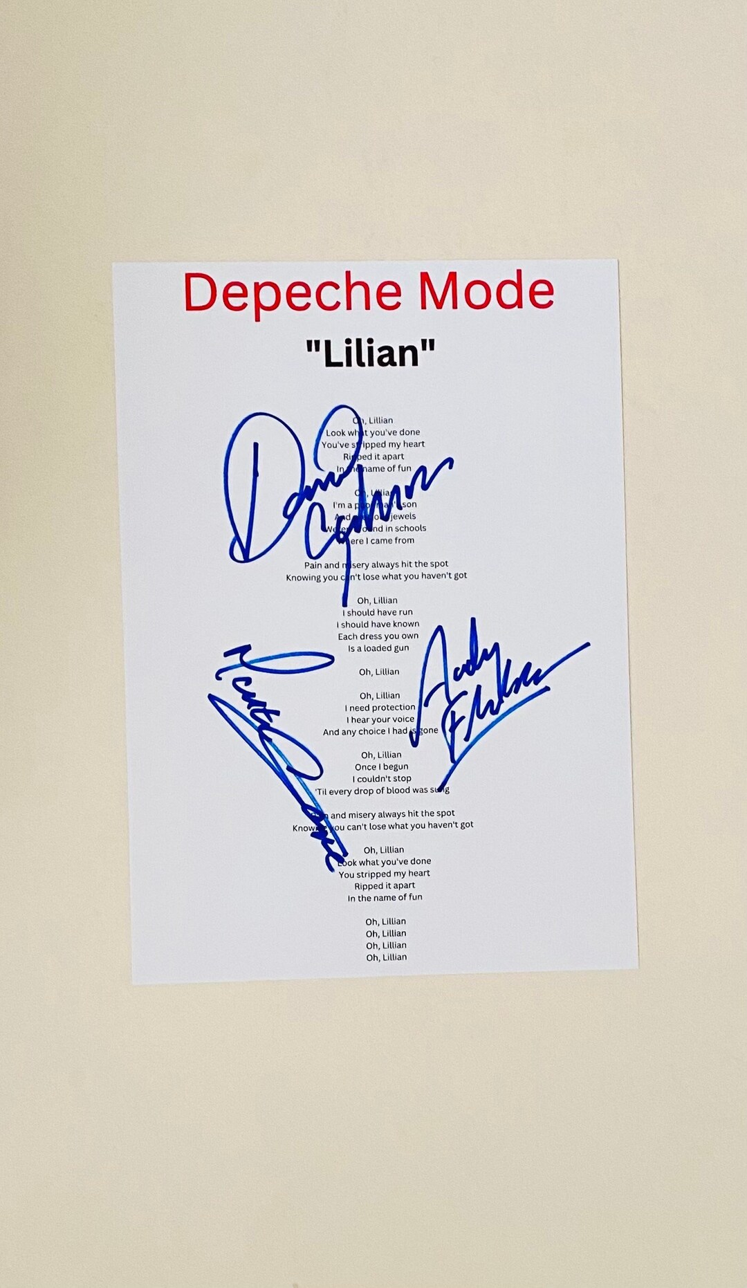 Depeche Mode lilian Signed A4 Lyric Sheet - Etsy