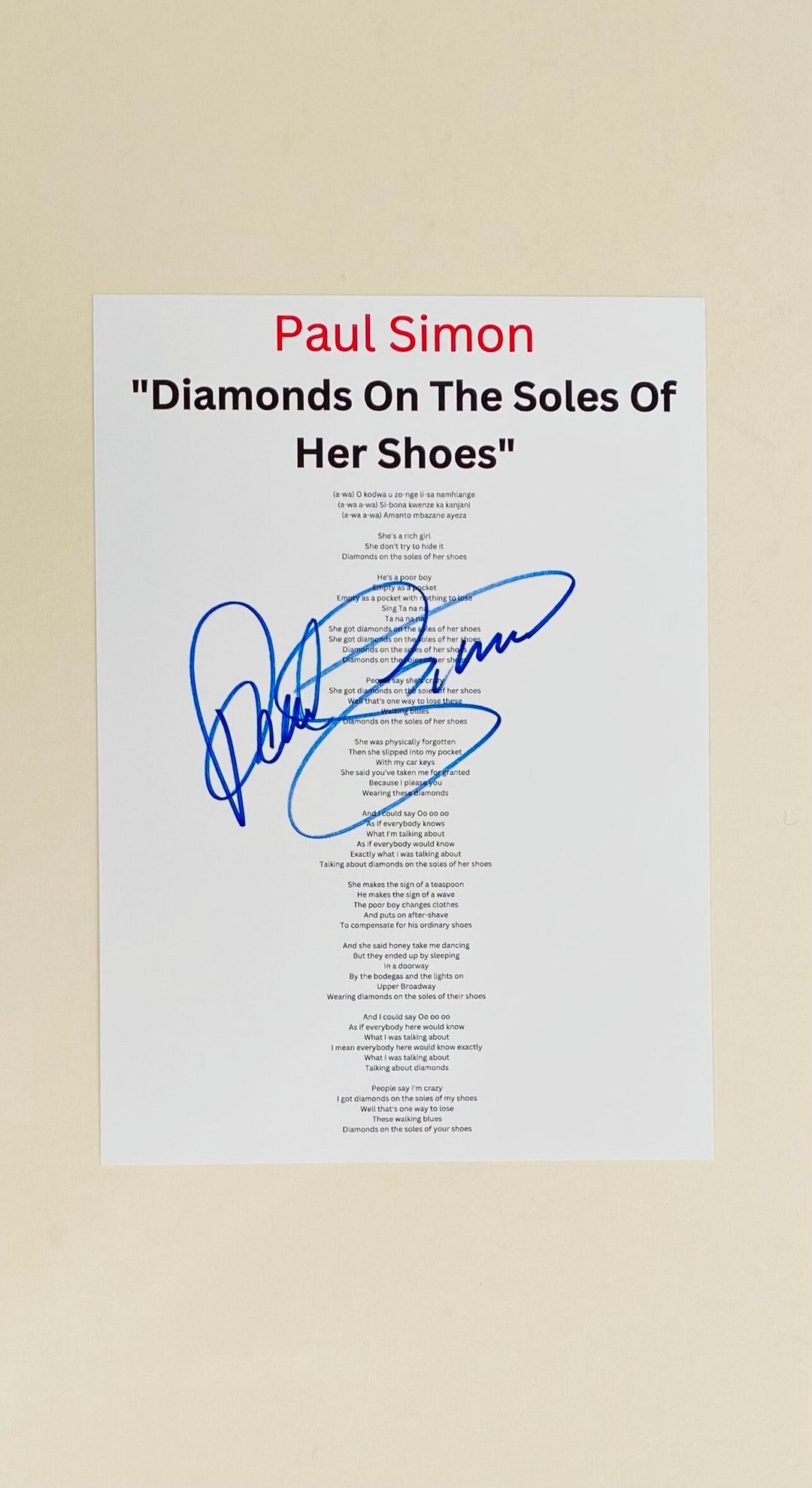 Paul Simon diamonds on the Soles of Her Shoes Signed A4 Lyric Sheet - Etsy