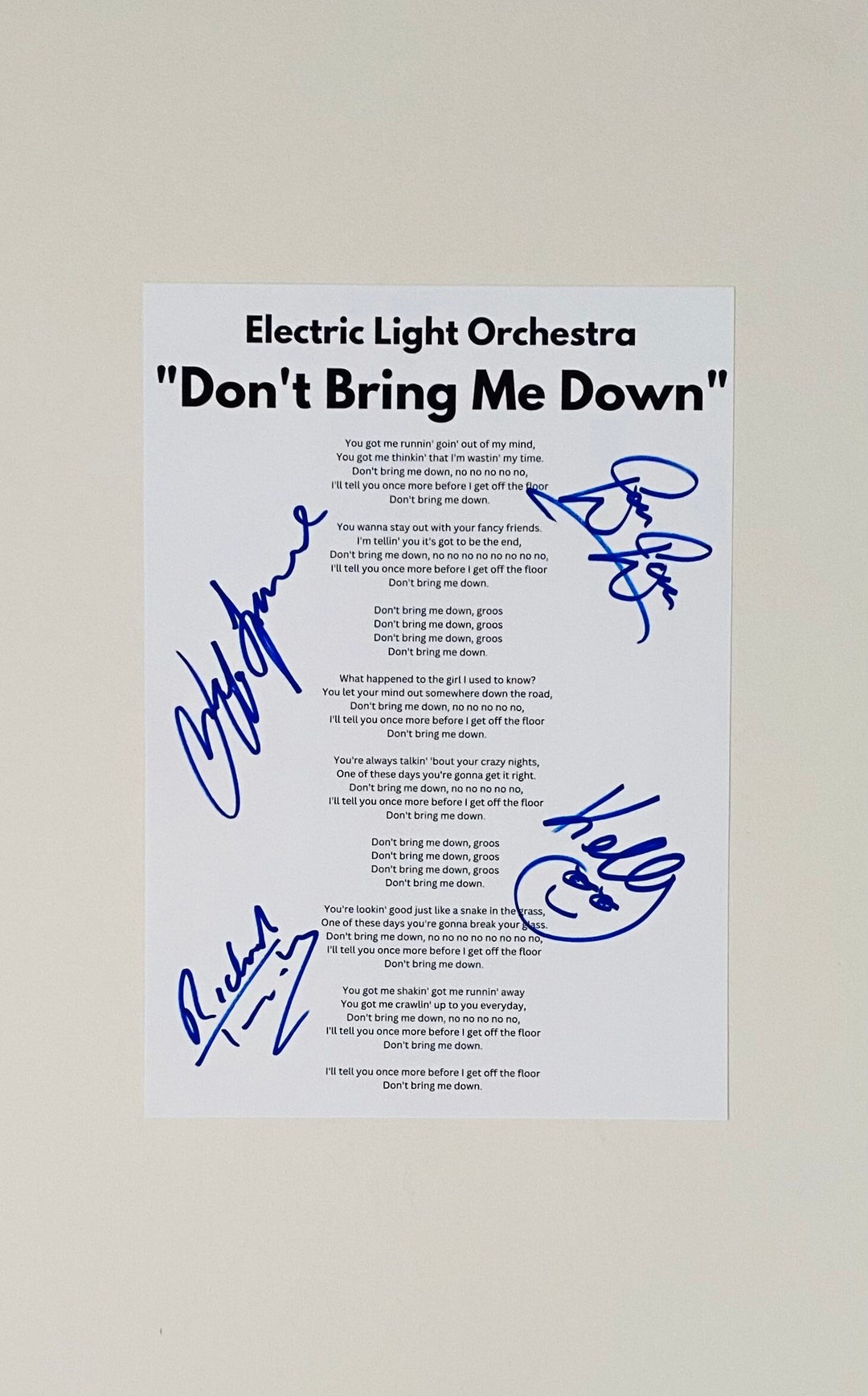 ELO dont Bring Me Down Signed A4 Lyric Sheet - Etsy