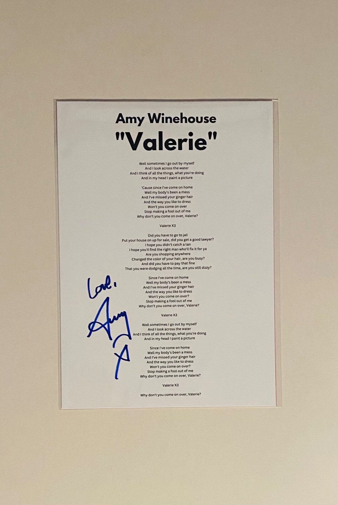 Amy Winehouse valerie Signed A4 Lyric Sheet - Etsy UK